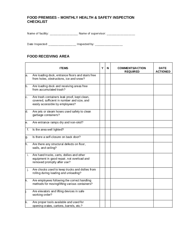 Food Premises – Monthly Health & Safety Inspection Checklist Doc ...