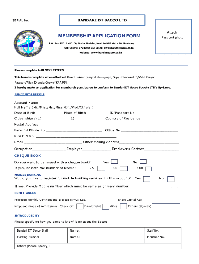 Fillable Online Bandari Dt Sacco Membership Application Fax Email Print ...