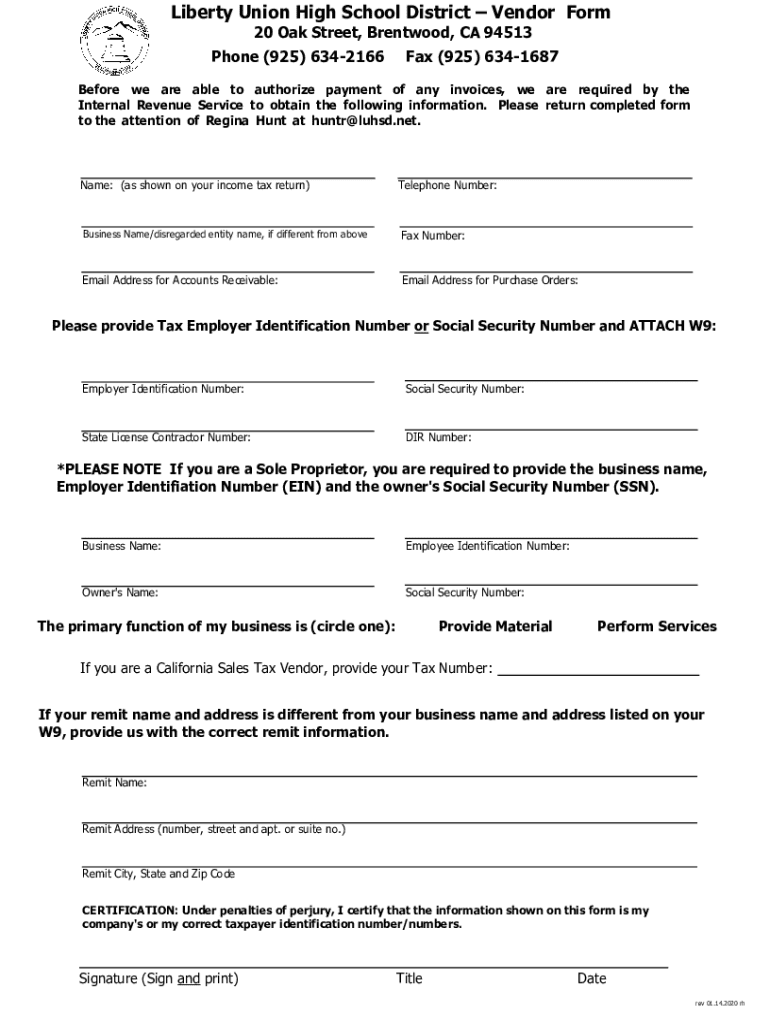Fillable Online Liberty Union High School District – Vendor Form Fax Email Print - pdfFiller