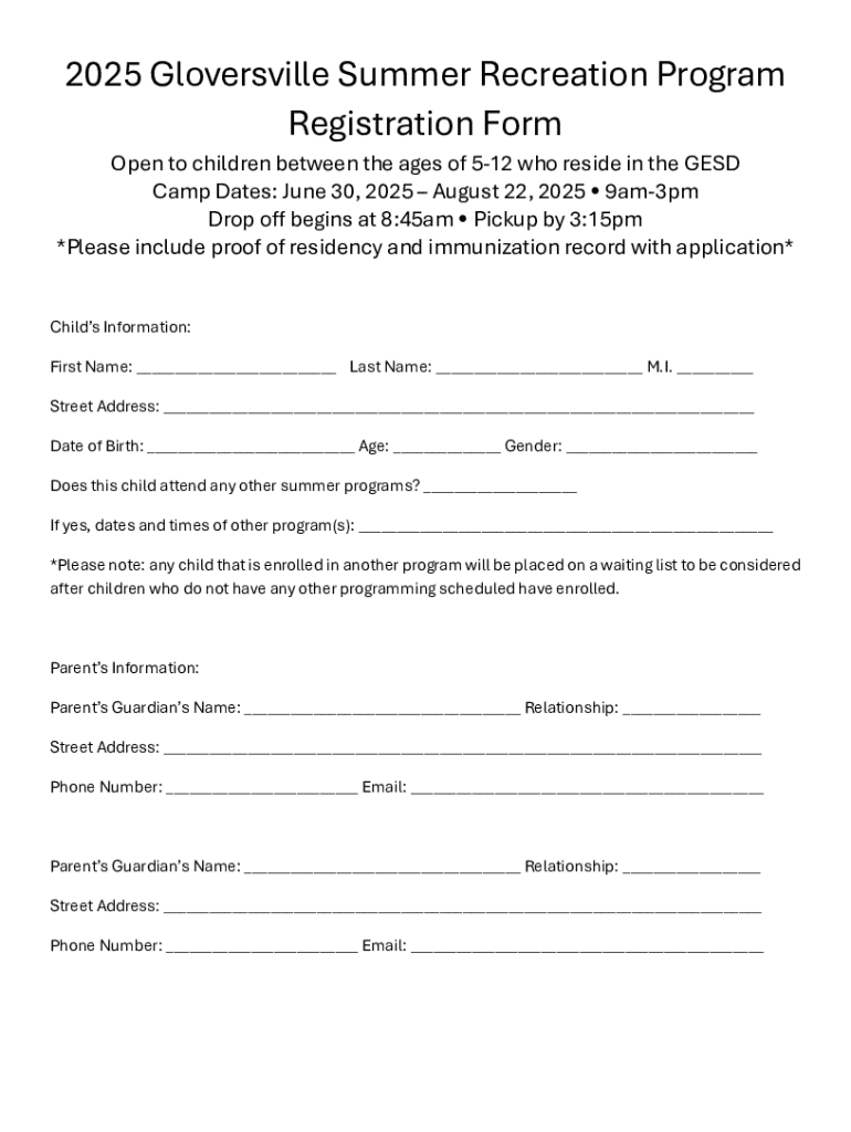 Fillable Online 2025 Gloversville Summer Recreation Program ...