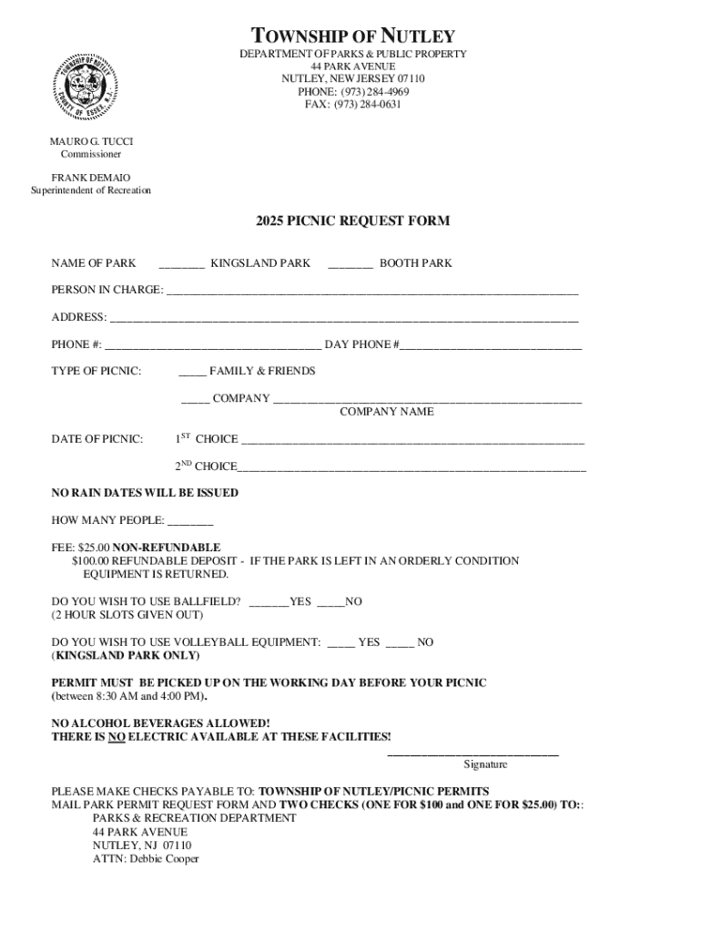 Fillable Online Picnic Request Form for Township of Nutley Fax Email ...