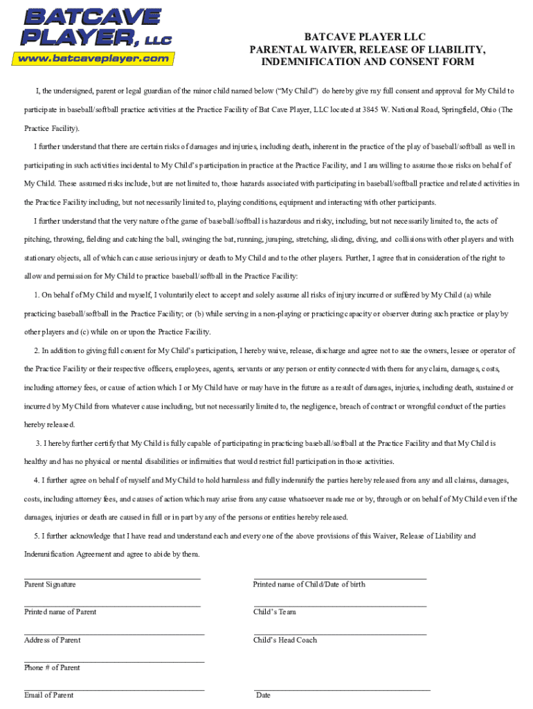 Fillable Online Batcave Player Llc Parental Waiver Fax Email Print ...