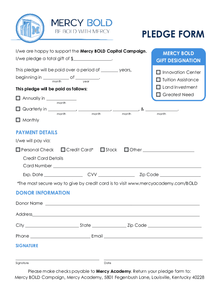 Fillable Online Mercy Bold Capital Campaign Pledge Form Fax Email Print ...