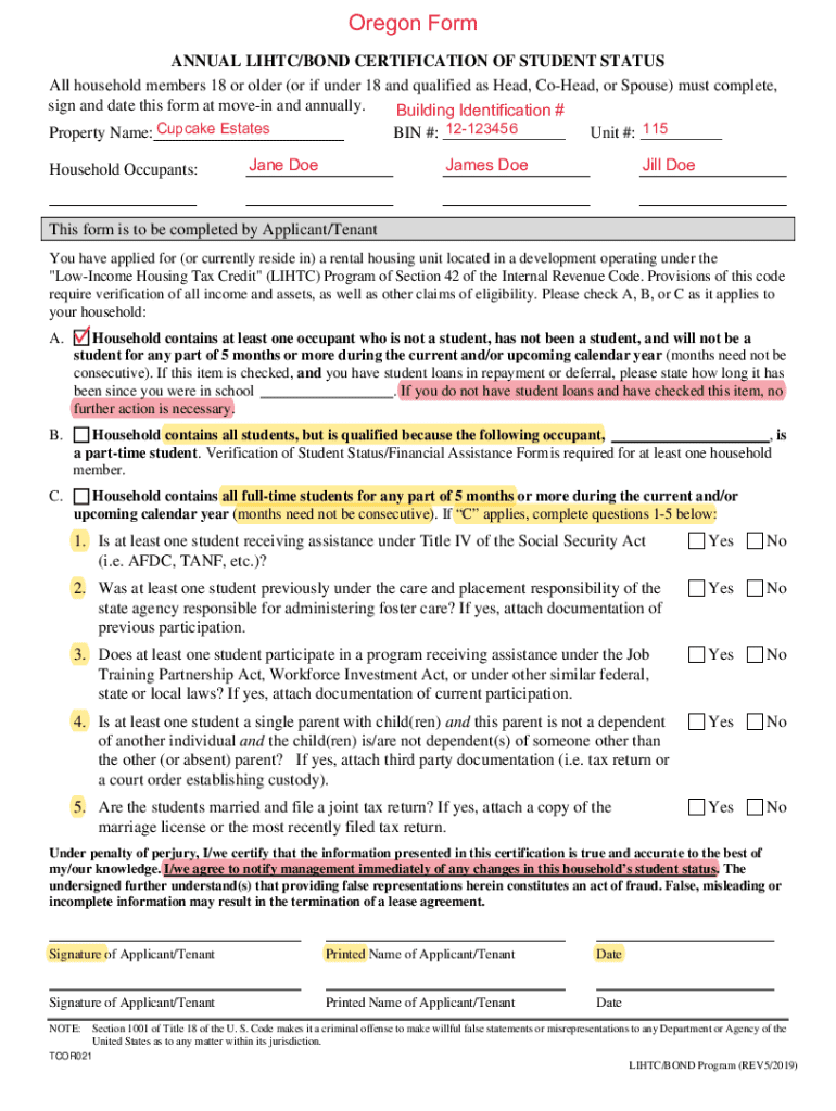 Fillable Online Annual Lihtc/bond Certification of Student Status Fax ...