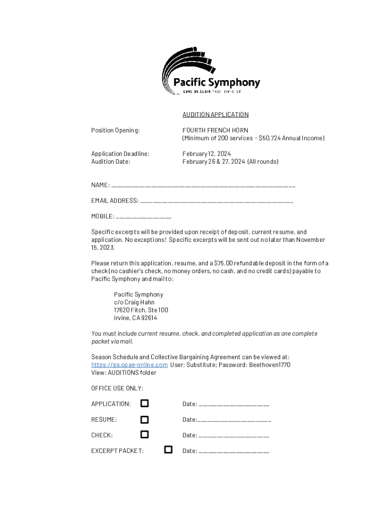 Fillable Online Audition Application for Fourth French Horn Position ...