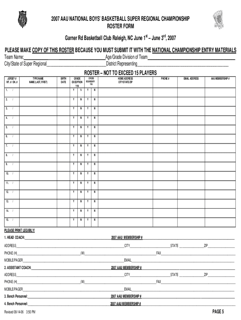 Fillable Online 2007 Aau National Boys’ Basketball Super Regional ...