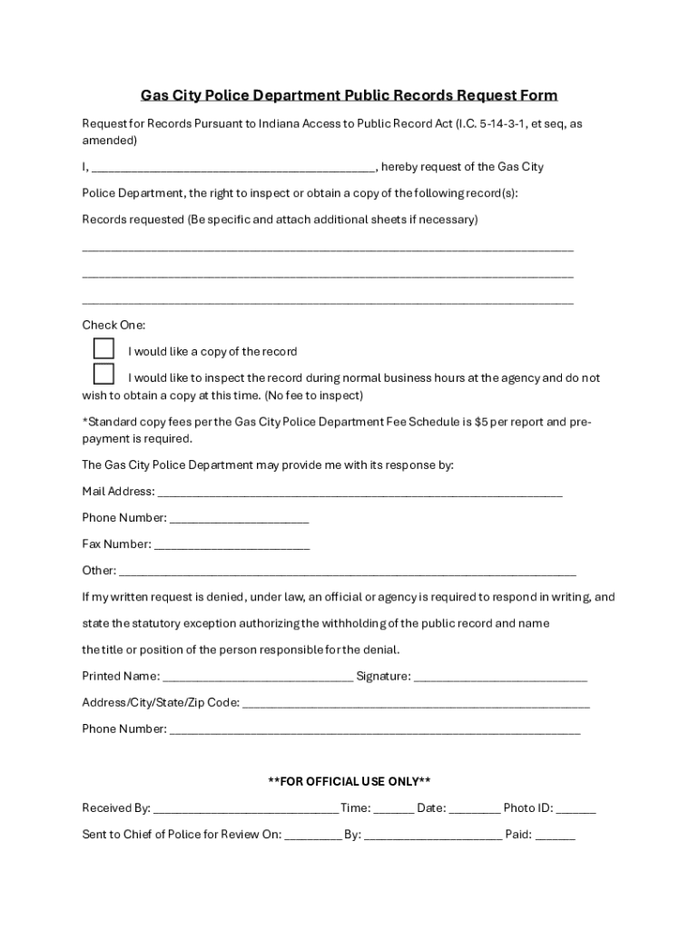 Fillable Online Gas City Police Department Public Records Request Fax ...