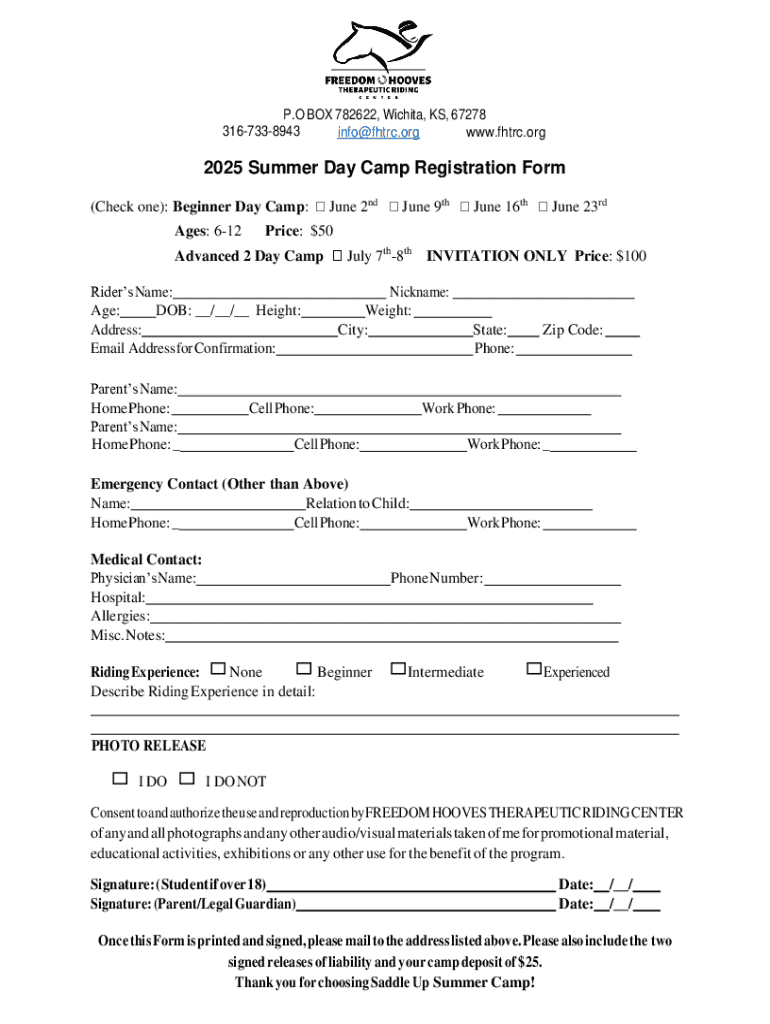 Fillable Online 2025 Summer Day Camp Registration Fax Email Print ...