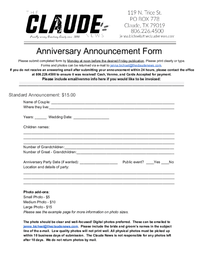 Fillable Online Anniversary Announcement Fax Email Print - pdfFiller