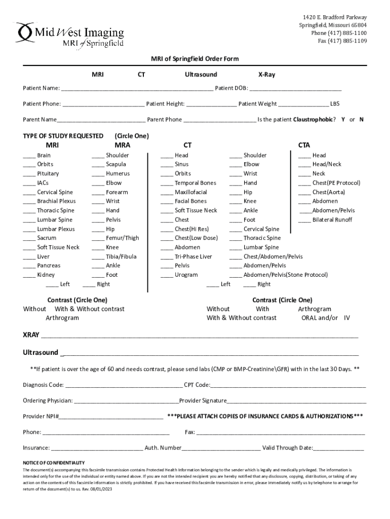 Fillable Online Mri of Springfield Order Form Fax Email Print - pdfFiller
