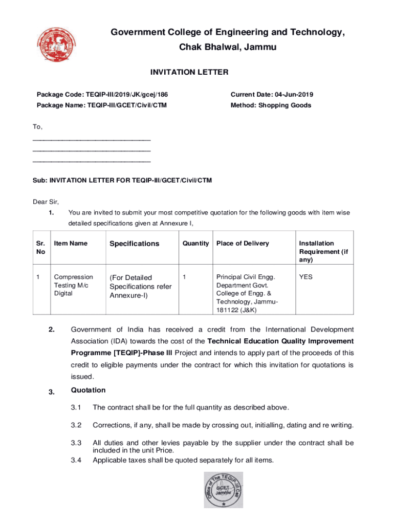 Fillable Online Invitation Letter for Teqip-iii/gcet/civil/ctm Fax Email Print - pdfFiller