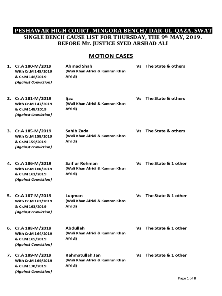Fillable Online Single Bench Cause List for Thursday, the 9th May, 2019 ...