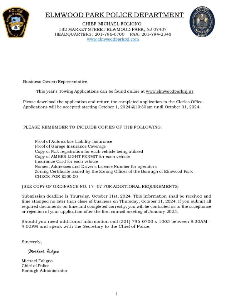 Fillable Online Application for Towing License - Borough of Elmwood ...