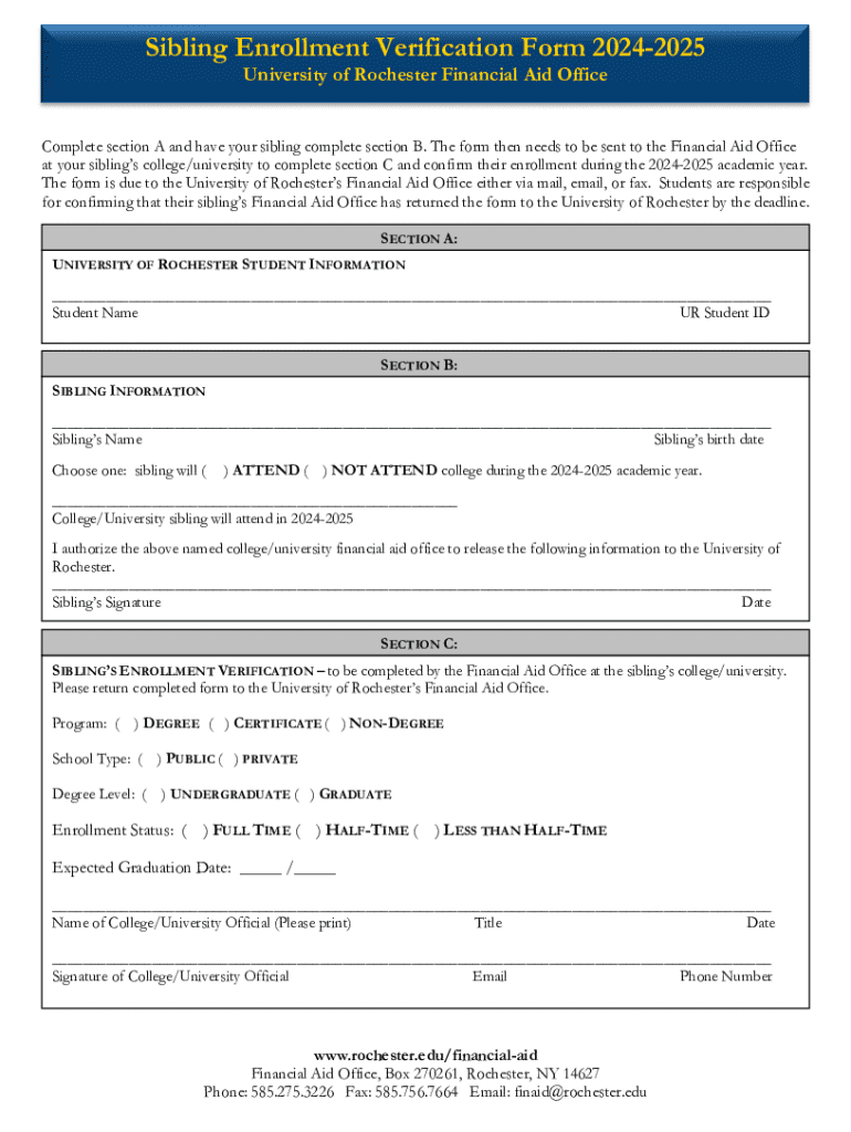 Fillable Online Sibling Enrollment Verification Form 2024-2025 Fax ...