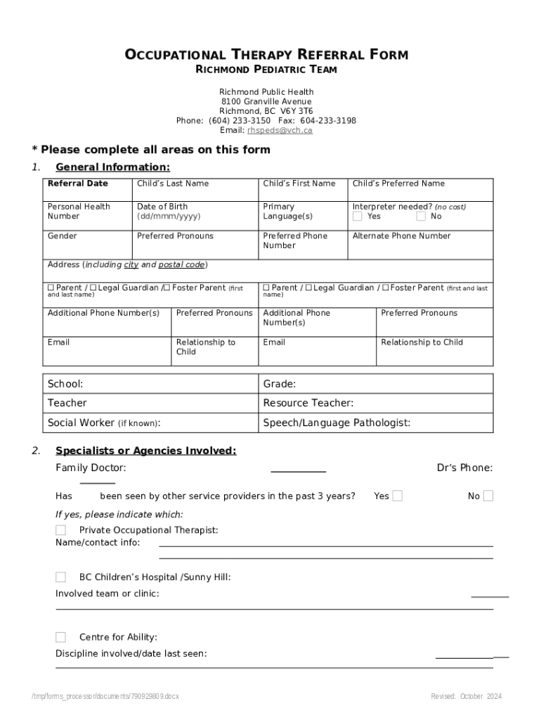 Occupational Therapy Referral Doc Template | pdfFiller