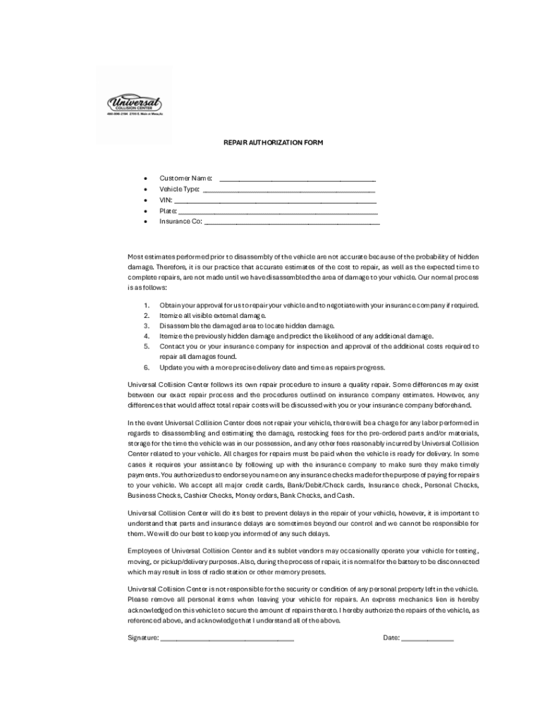 Fillable Online Repair Authorization Form Fax Email Print - pdfFiller