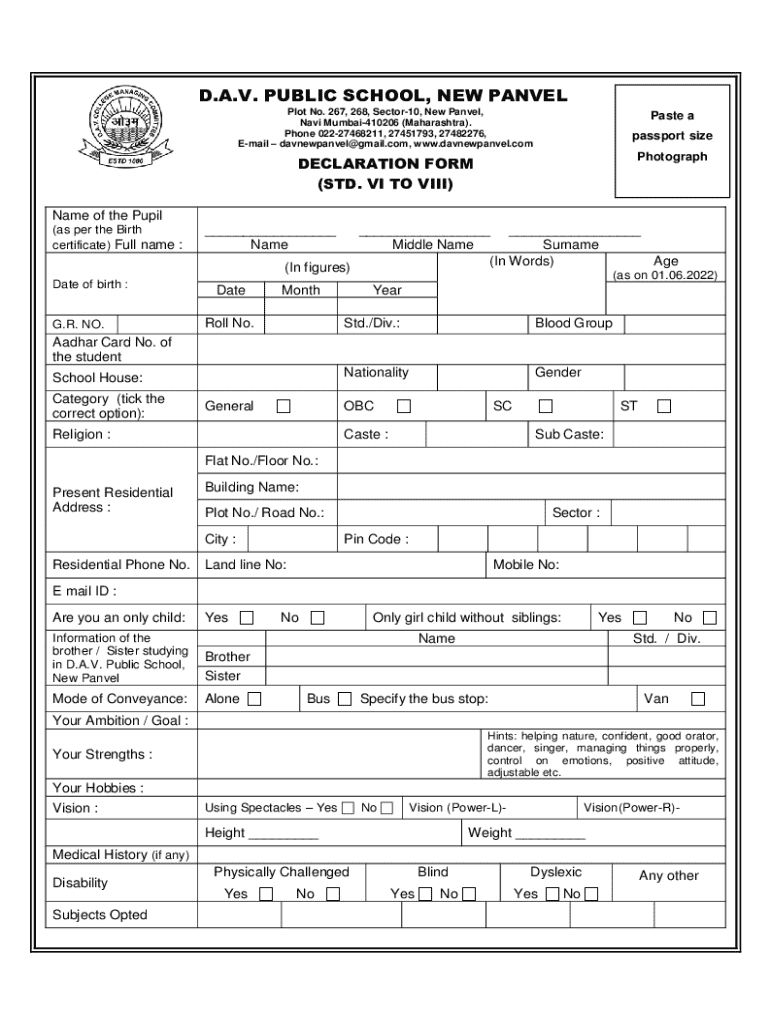 Fillable Online D.a.v. Public School Declaration Form Fax Email Print - pdfFiller