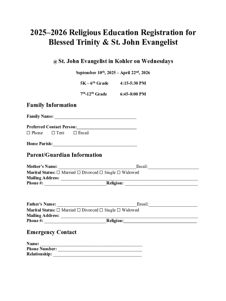 Fillable Online Religious Education Registration for Blessed Trinity & St. John Evangelist Fax ...