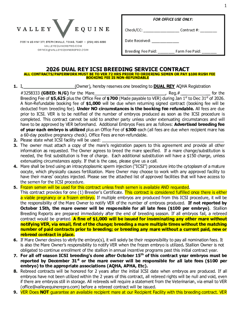 Fillable Online Dual Rey Icsi Breeding Service Contract for 2026 Fax ...