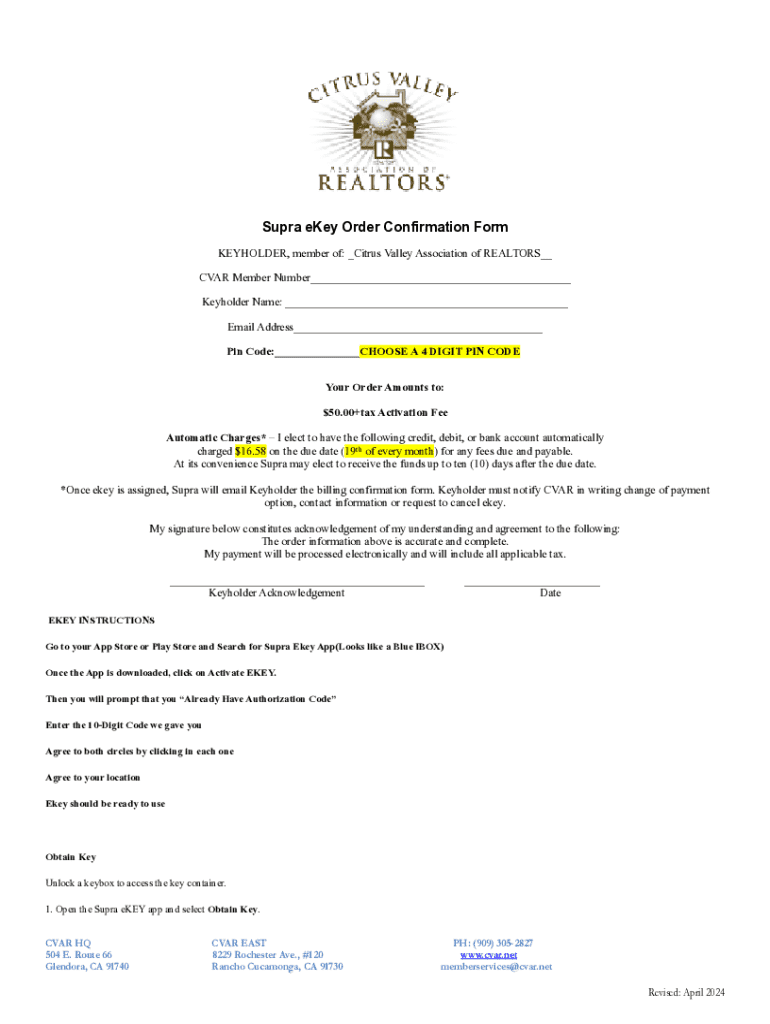 Fillable Online Supra Ekey Order Confirmation Fax Email Print - pdfFiller