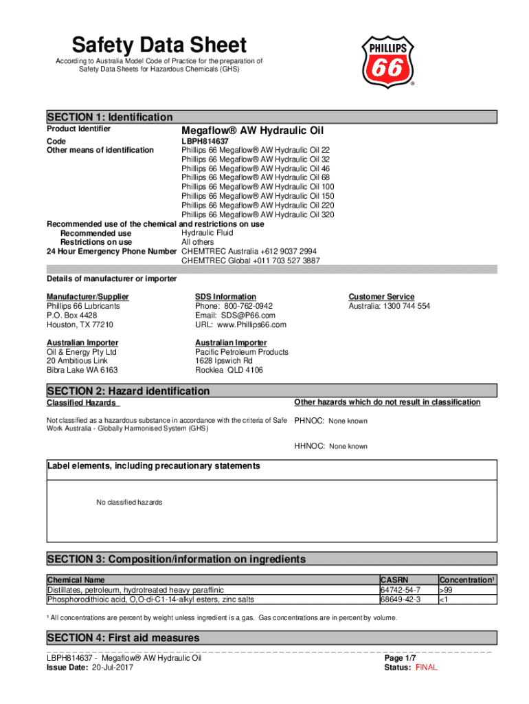 Fillable Online Megaflow® Aw Hydraulic Oil Safety Data Sheet Fax Email ...