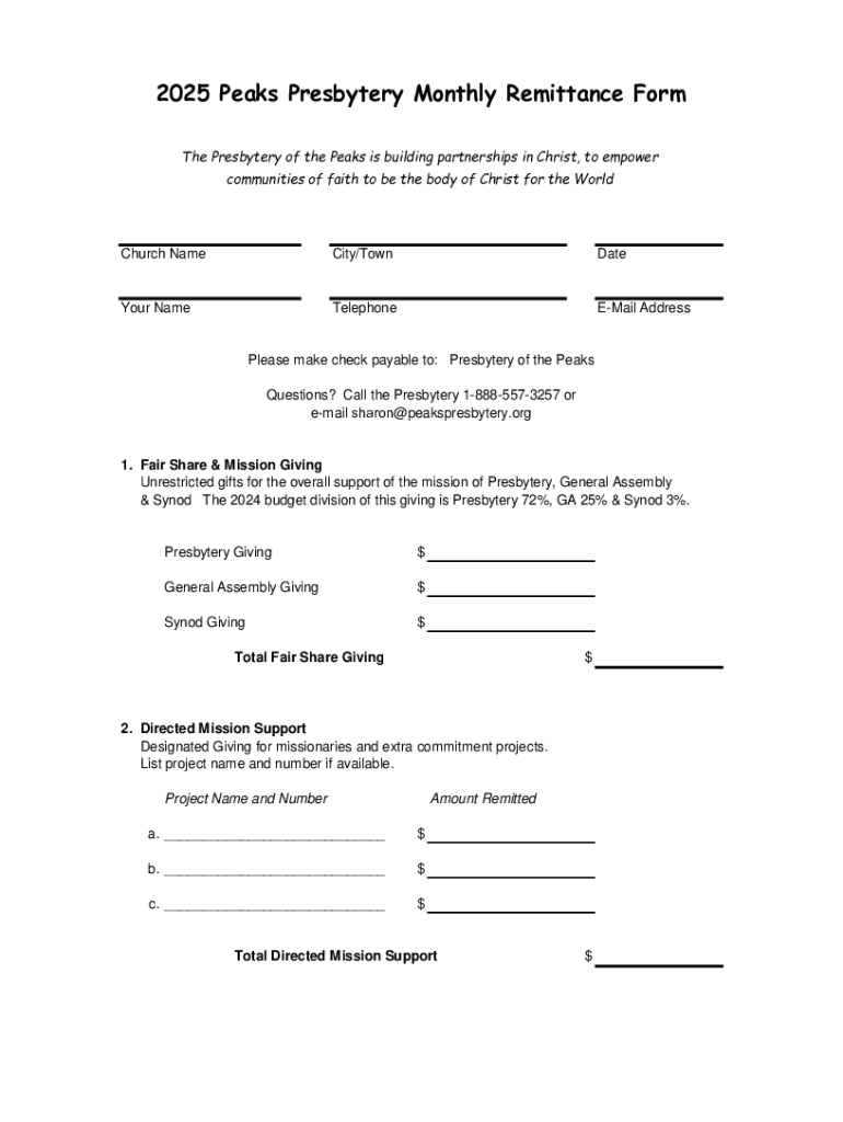 Fillable Online 2025 Peaks Presbytery Monthly Remittance Form Fax Email Print - pdfFiller