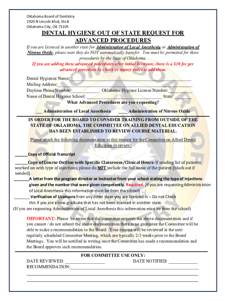 Fillable Online Dental Hygiene Out of State Advanced Procedures Request ...