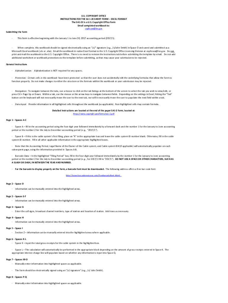 Fillable Online Instructions for the Sa 1-2e Short Form – Excel Format ...
