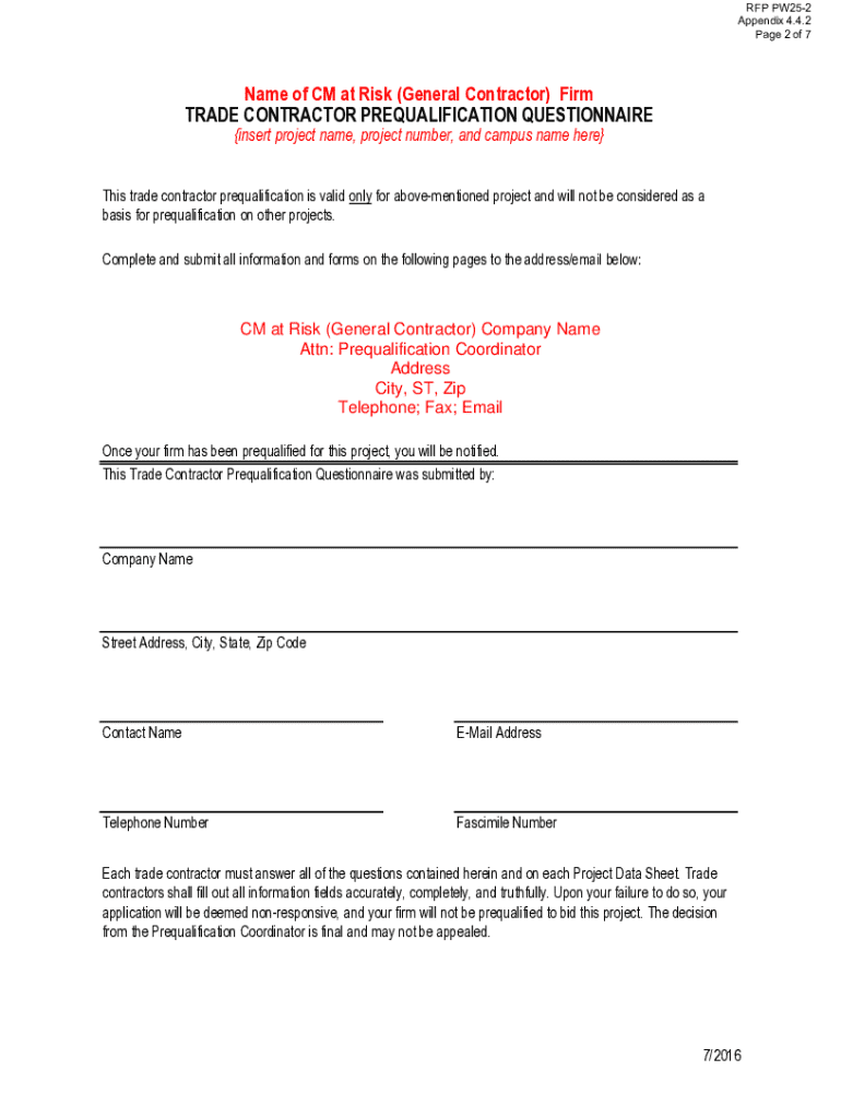 Fillable Online Trade Contractor Prequalification Questionnaire Fax ...