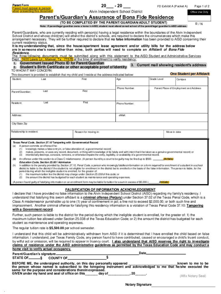 Fillable Online Parent’s/guardian’s Assurance of Bona Fide Residence Fax Email Print - pdfFiller