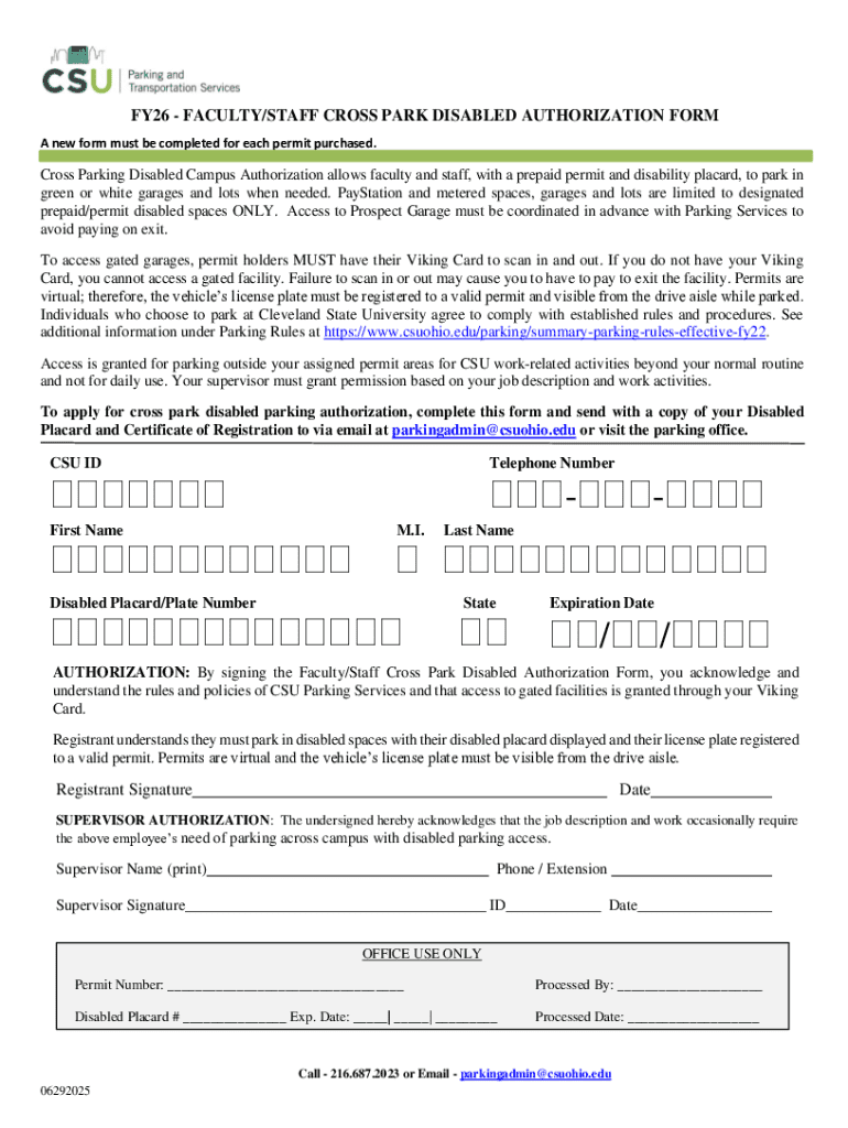 Fillable Online Faculty/staff Cross Park Disabled Authorization Fax ...