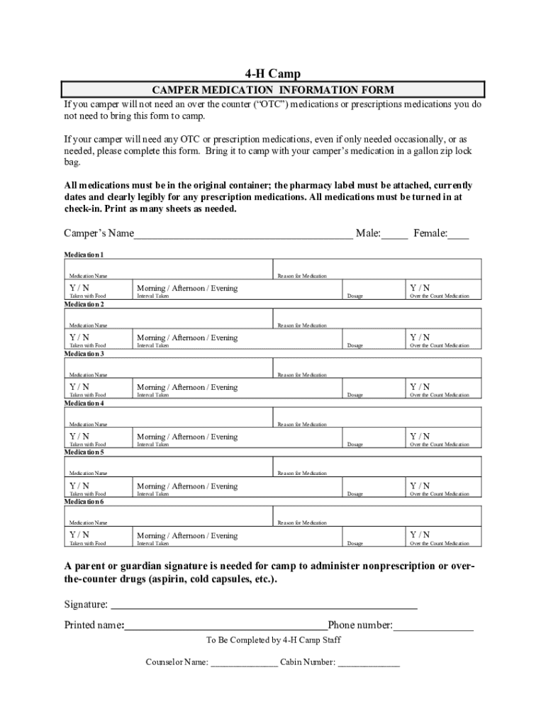 Fillable Online 4-h Camp Camper Medication Information Fax Email Print - pdfFiller