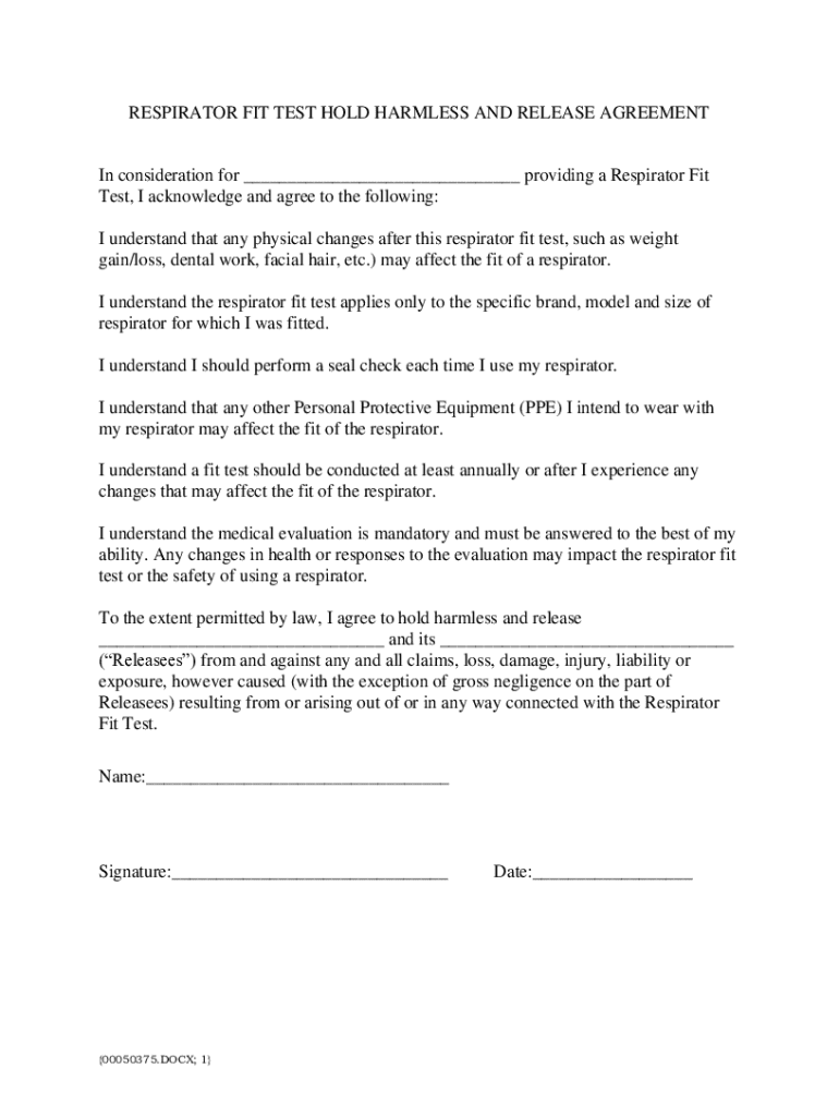Fillable Online Respirator Fit Test Hold Harmless and Release Agreement ...