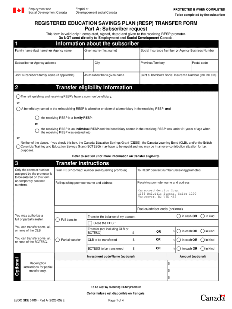 Fillable Online Registered Education Savings Plan (resp) Transfer Form ...