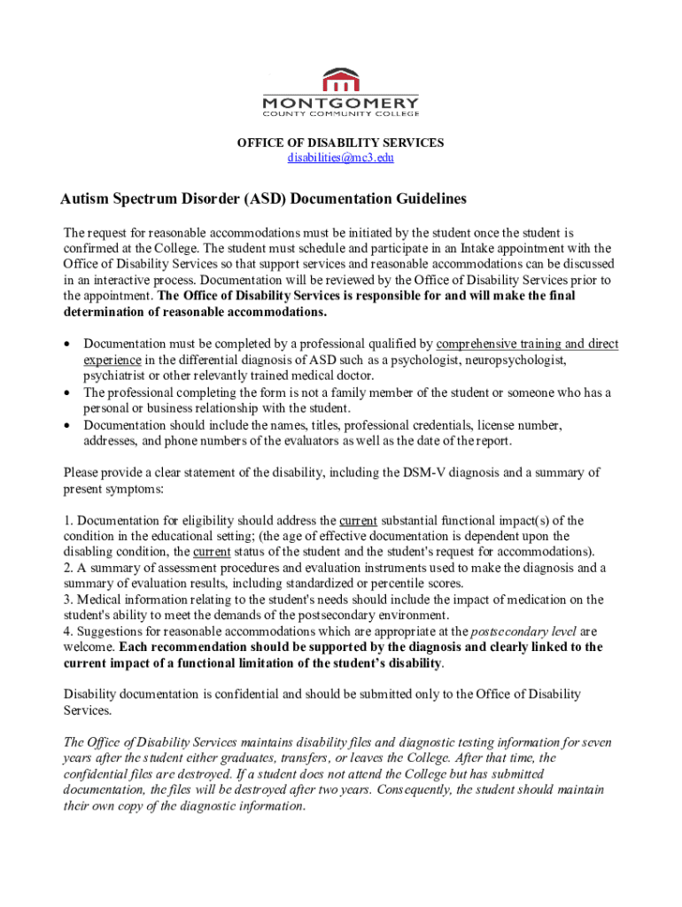 Fillable Online Autism Spectrum Disorder (asd) Documentation Guidelines ...