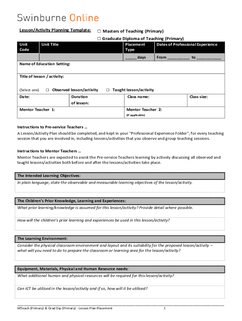 Fillable Online Lesson/activity Planning Template Fax Email Print ...