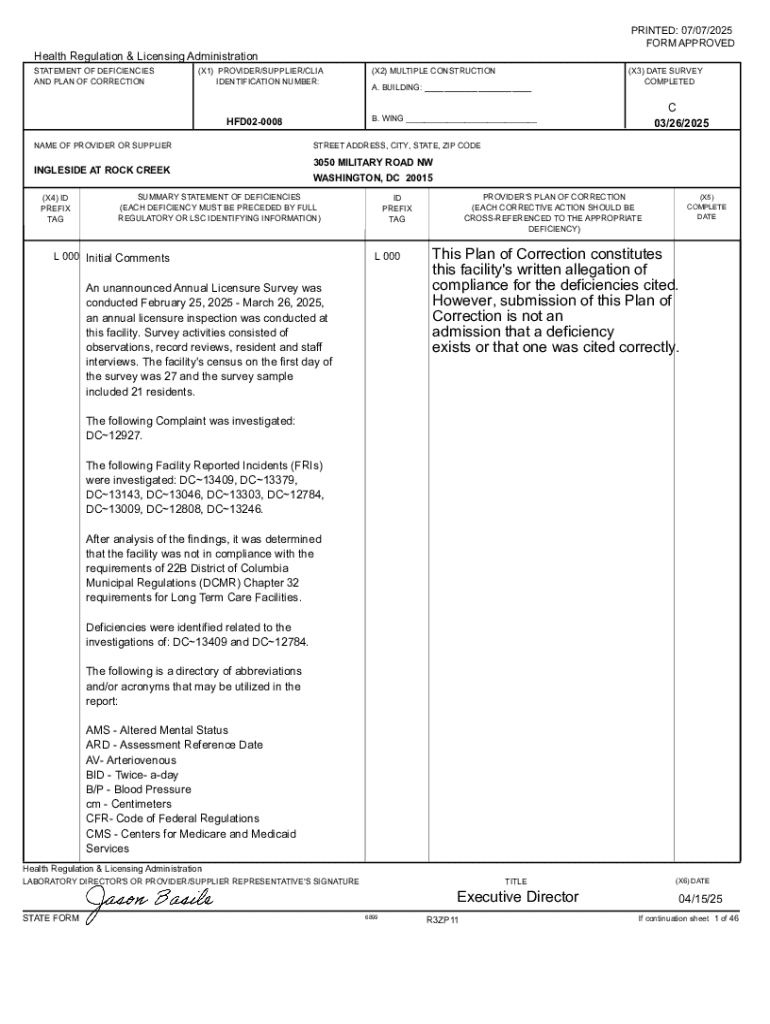 Fillable Online Statement of Deficiencies and Plan of Correction Fax Email Print - pdfFiller