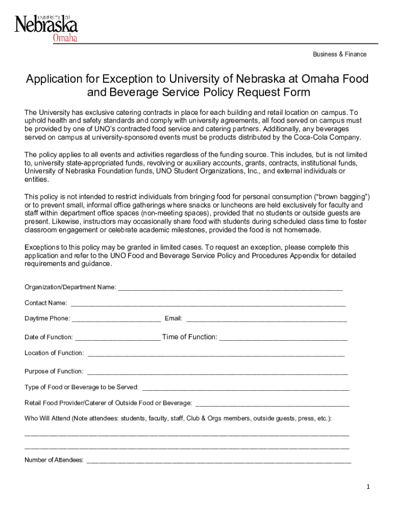 Fillable Online Application for Exception to Food and Beverage Policy ...