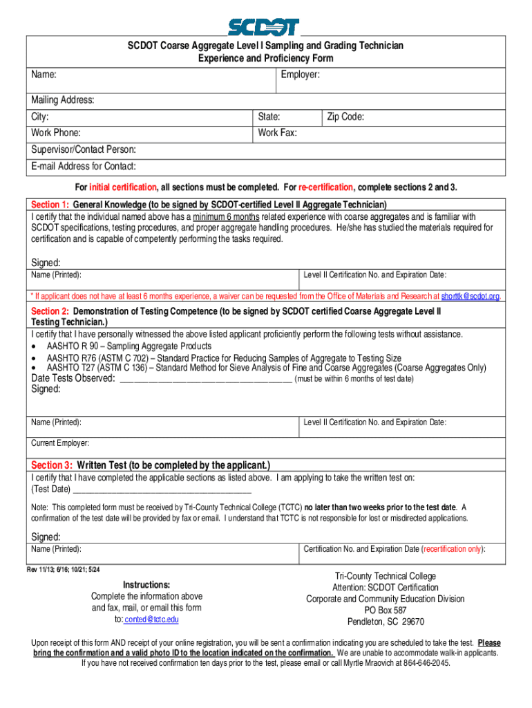 Fillable Online Scdot Coarse Aggregate Level I Certification Fax Email ...