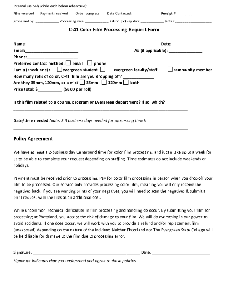 Fillable Online C-41 Color Film Processing Request Fax Email Print ...