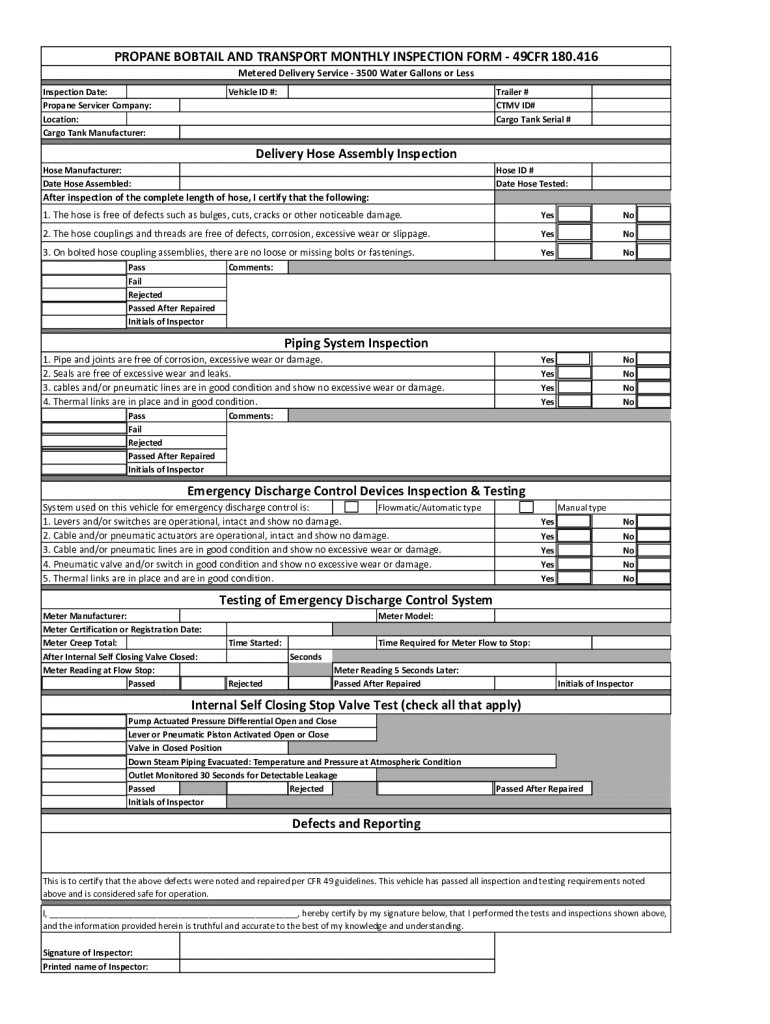 Fillable Online Monthly Inspection Form for Propane Delivery Fax Email ...