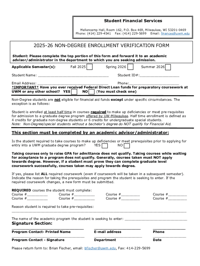Fillable Online 2025-26 Non-degree Enrollment Verification Form Fax ...