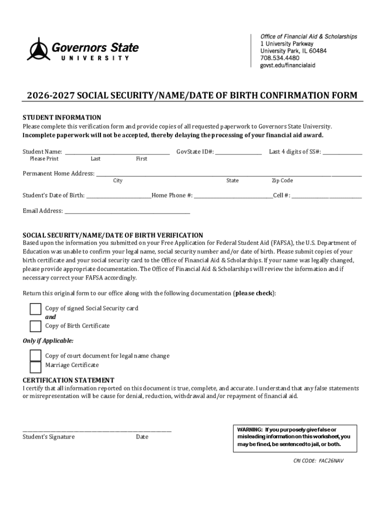 Fillable Online Social Security/name/date of Birth Confirmation Form ...