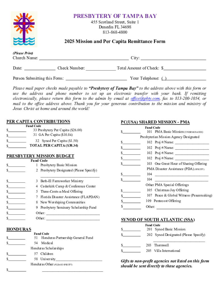 Fillable Online 2025 Mission and Per Capita Remittance Form Fax Email Print - pdfFiller