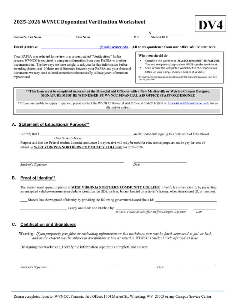 Fillable Online Dependent Verification Worksheet for Federal Aid Fax Email Print - pdfFiller