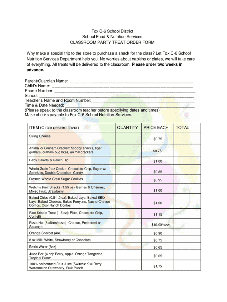 Fillable Online Classroom Party Treat Order Form Fax Email Print - pdfFiller