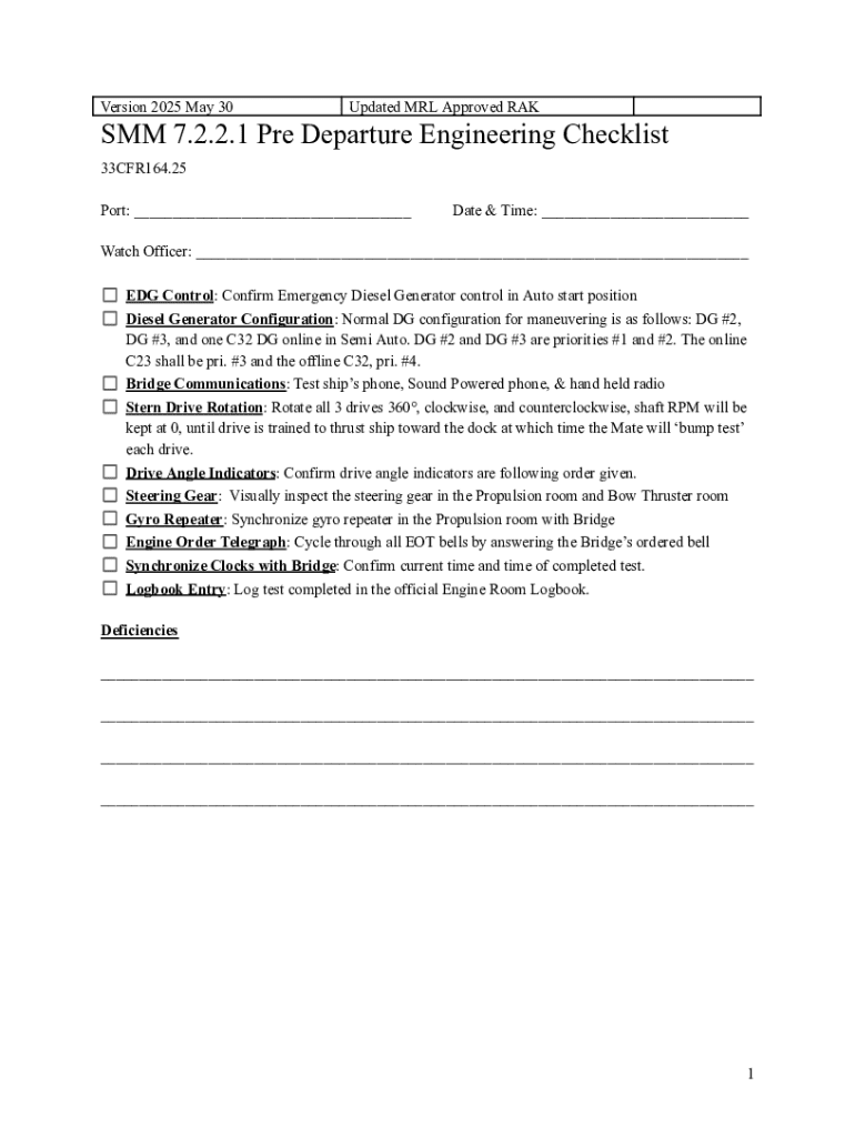 Fillable Online Smm 7.2.2.1 Pre Departure Engineering Checklist Fax Email Print - pdfFiller
