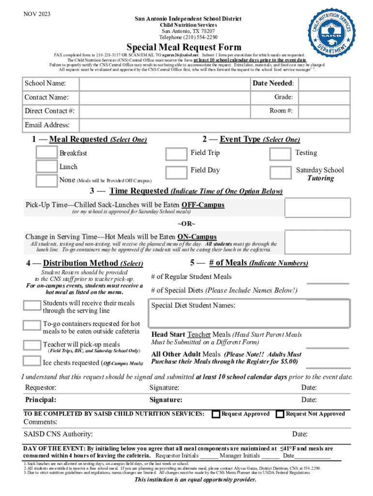 Fillable Online Special Meal Request Form Fax Email Print - pdfFiller