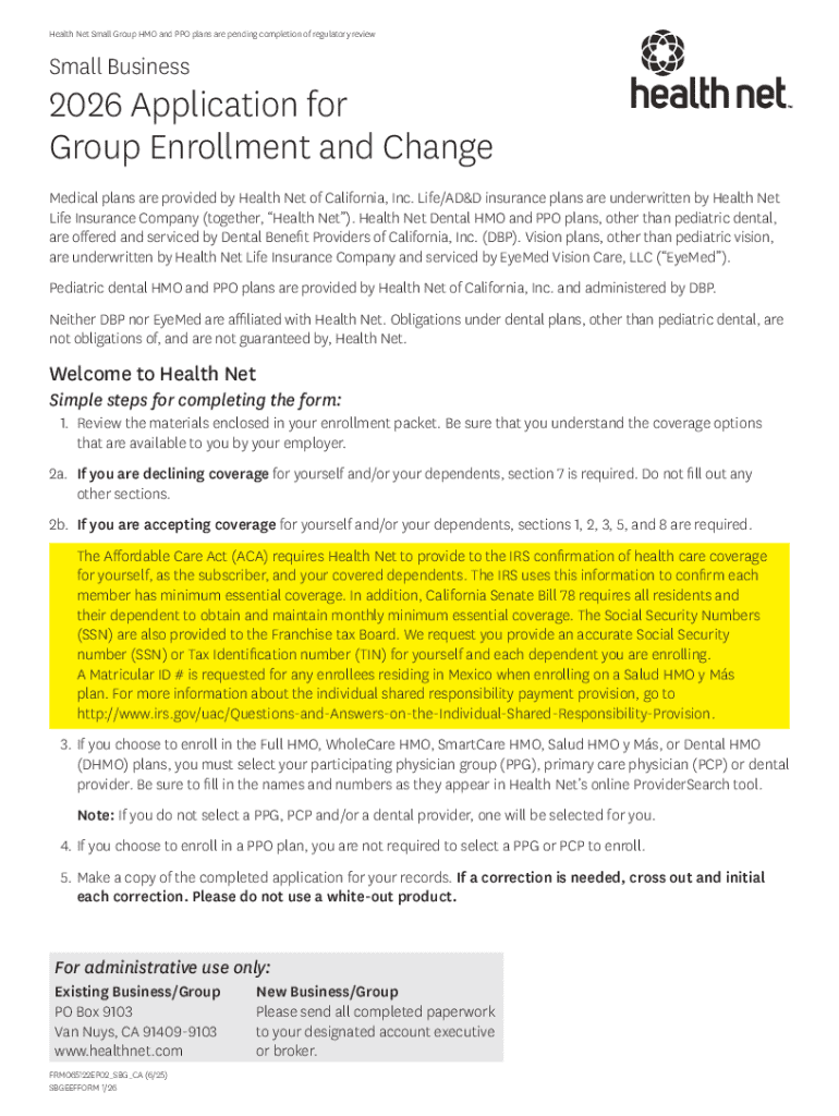 Fillable Online Health Net Small Group Enrollment Application Fax Email ...
