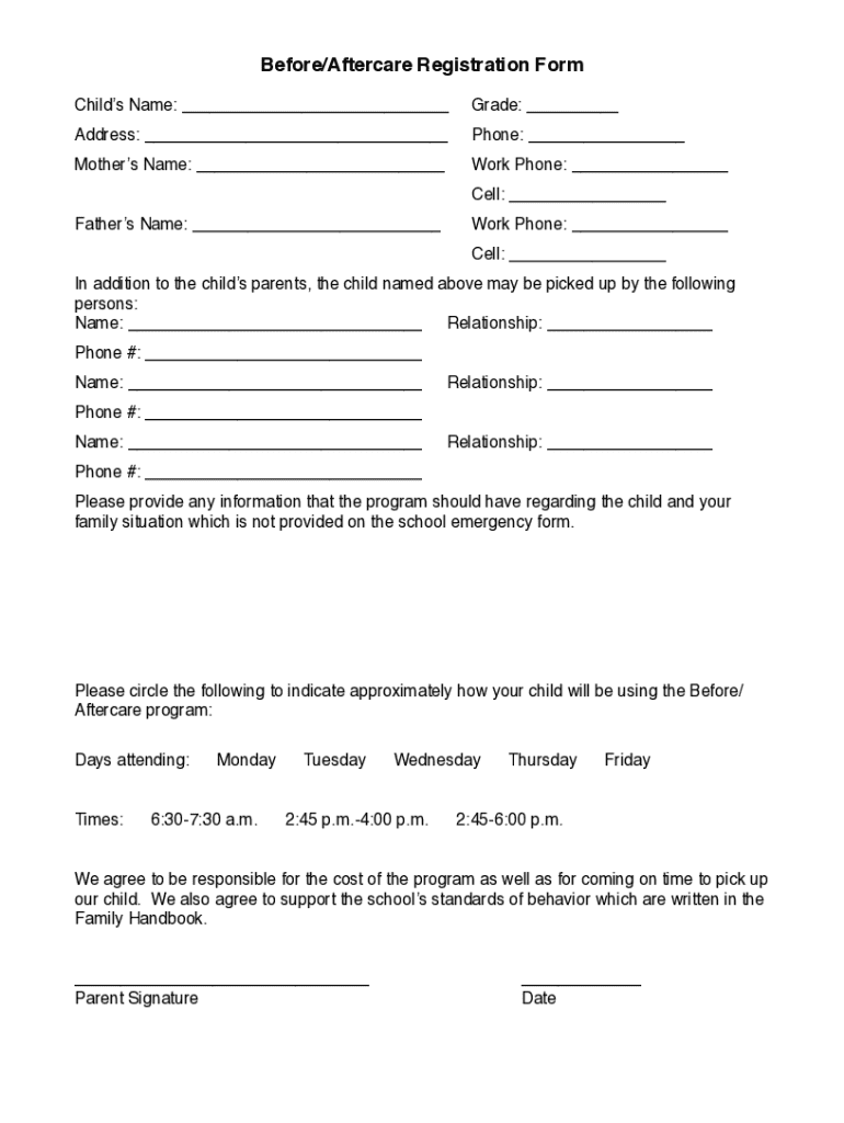 Fillable Online Before/aftercare Registration Fax Email Print - pdfFiller